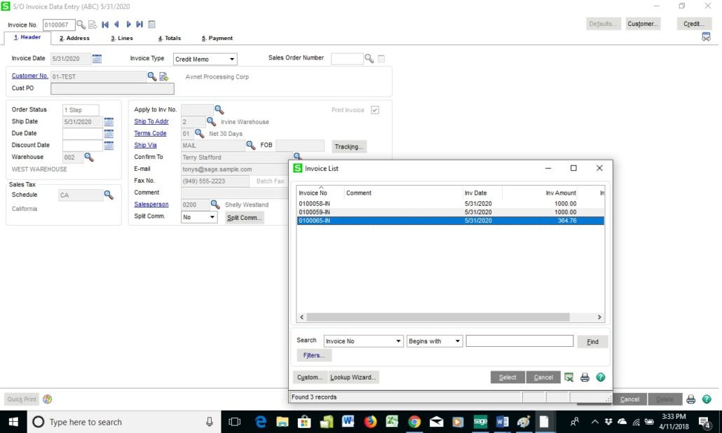 How to Make a Sage 100 Credit Memo in Sales Order Invoice Entry